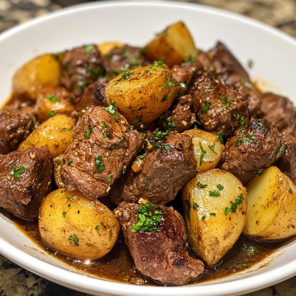 Easy Slow Cooker Garlic Butter Beef Bites and Potatoes for 6